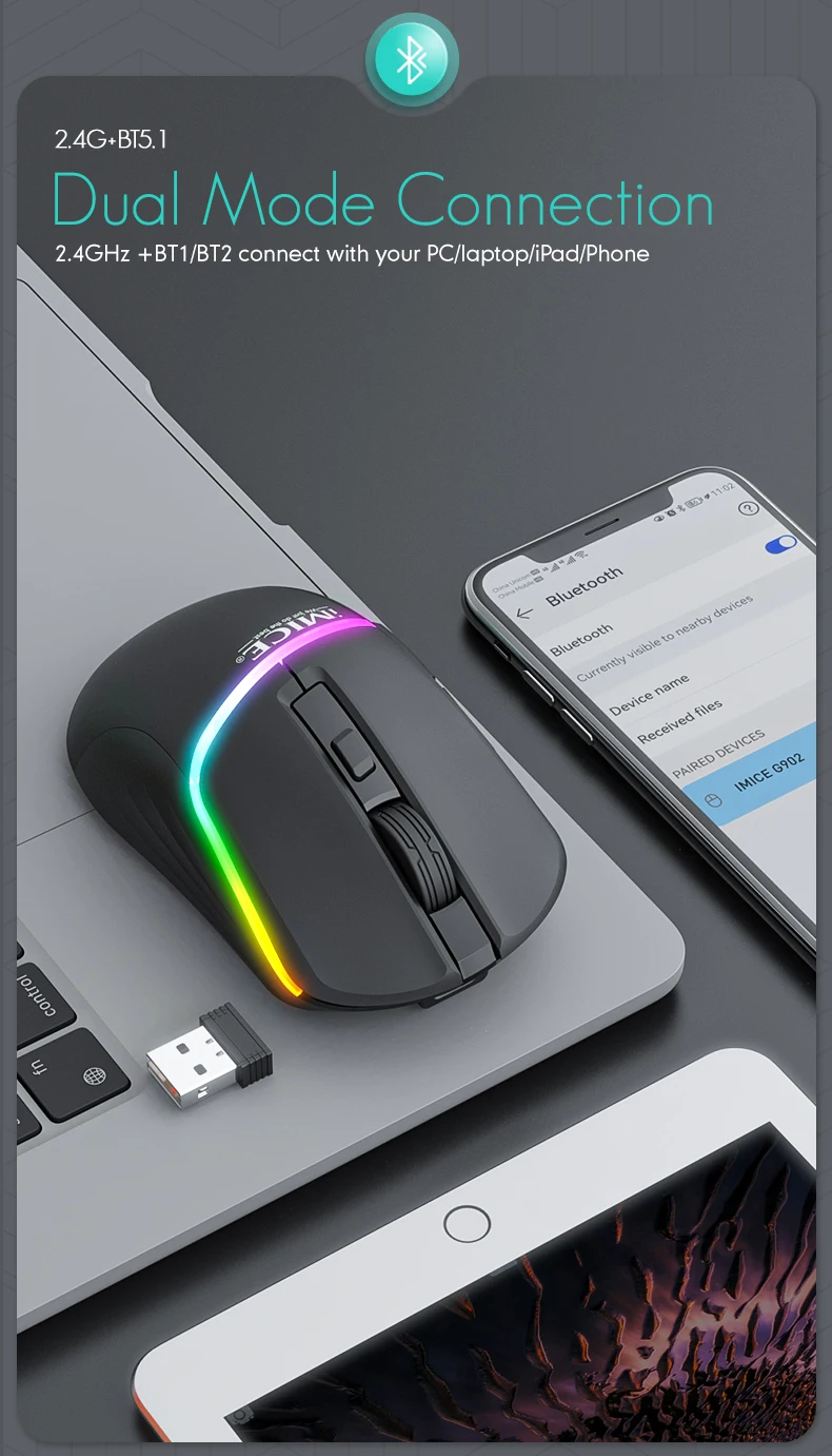 Imice G902 RGB Light Rechargeable Wireless Mouse Bt5.1+2.4ghz