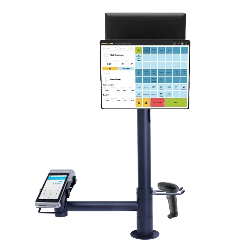 Custom Double Screen Pos Pole Mount with Keyboard Tray