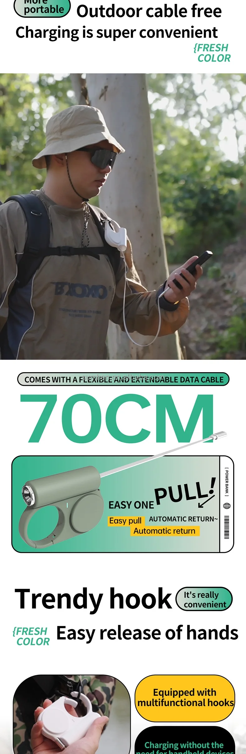 Outdoor Power Bank 5000mAh with Hook 15w Fast Charge Phone Battery ...