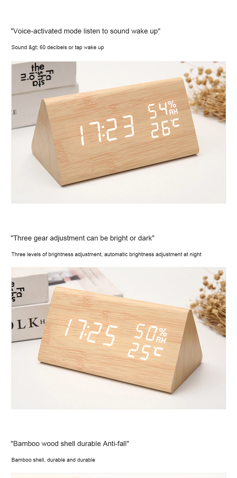 Trending Products On Table Alarm Clock Triangle Multifunction Temperature Humidity Wooden ...