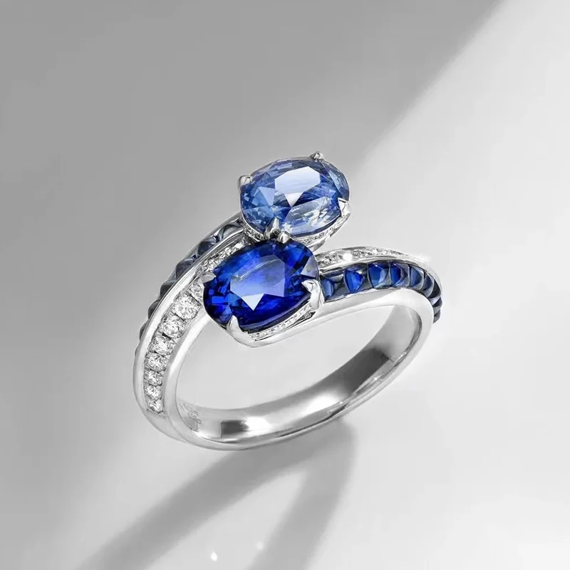18K Gold Men's Double Stone Ring Lab Grown Sapphires In Royal Blue And ...