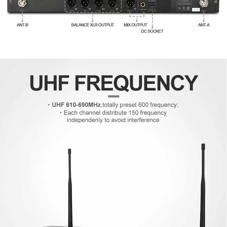 Professional Bm7074 UHF 4 Channel Wireless Microphone System