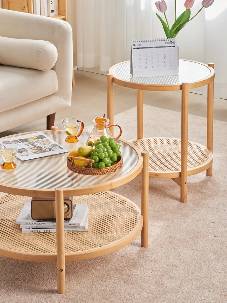 Bamboo Small Table - Round Rattan Tea Table for Living Room