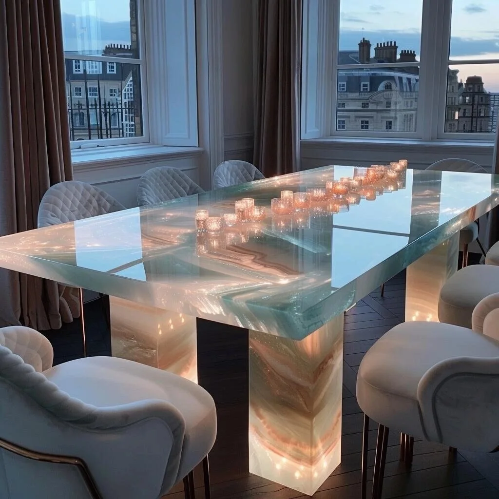 Colorful Backlit Translucent Onyx Marble Dining Table Set for Modern ...