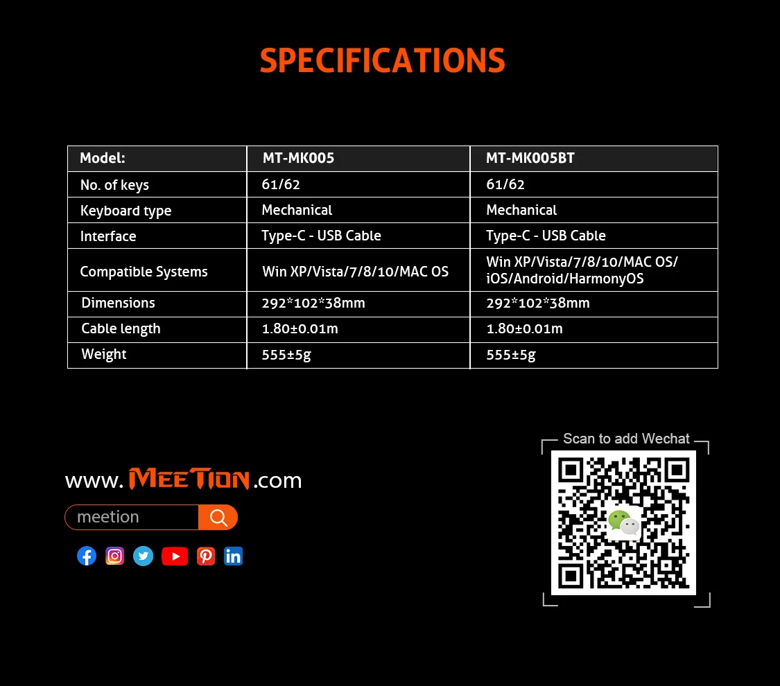 Meetion MK005 Mechanical Keyboard - RGB Backlit, 60% Layout