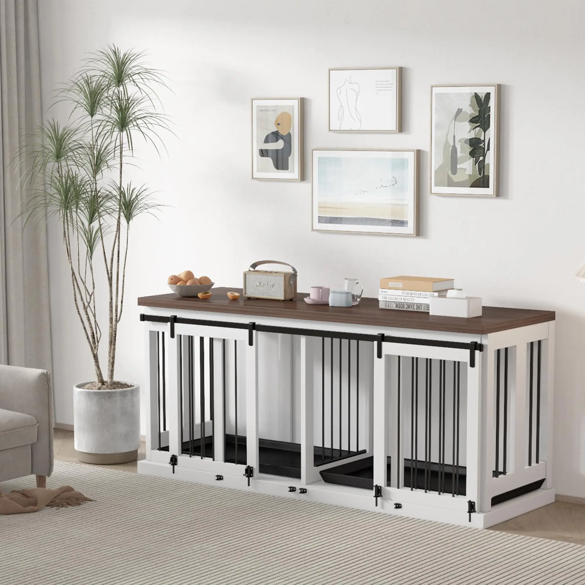 Luxury Double Dog Crate Furniture Wooden Dog Crate Table with Tray ...