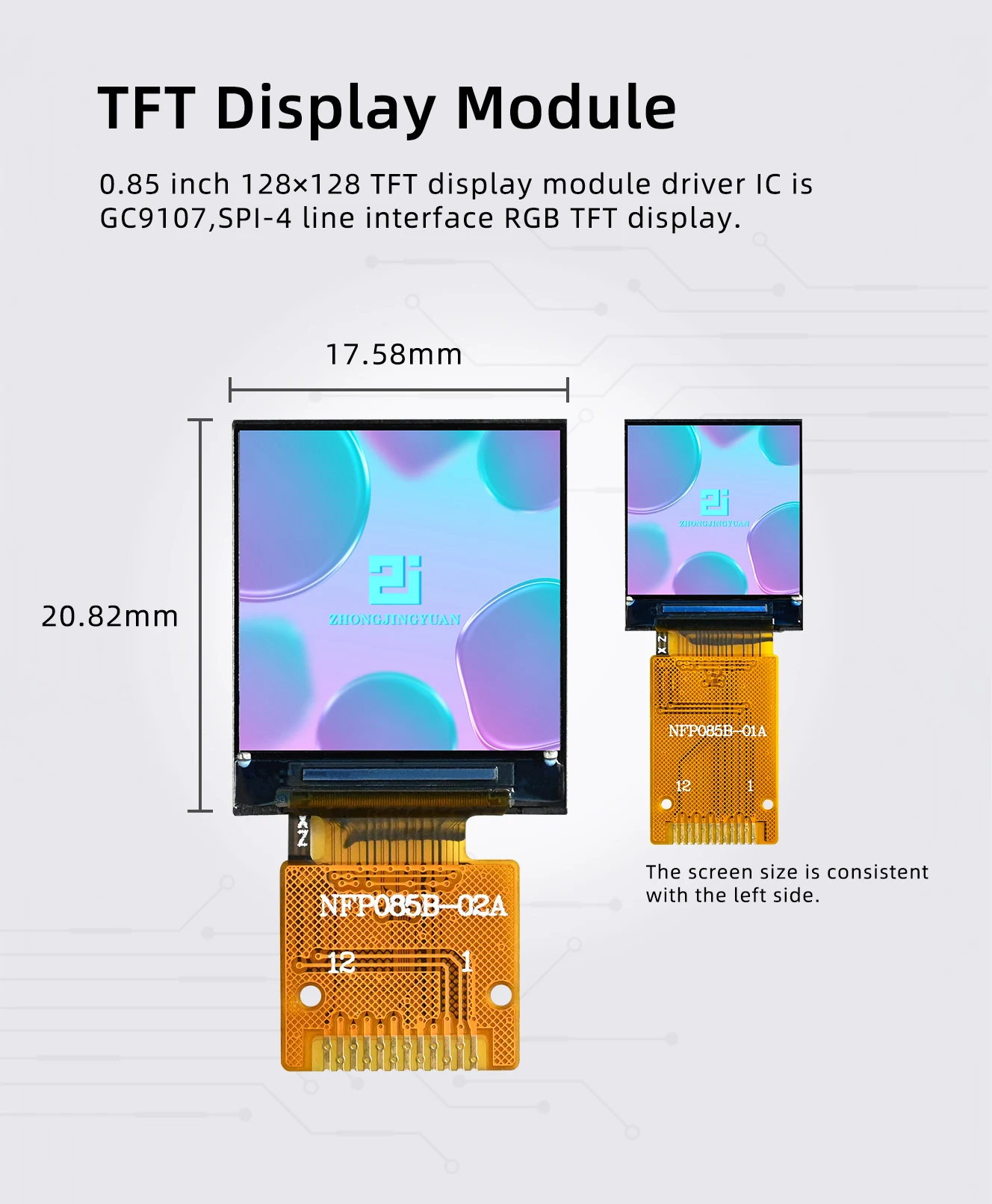 0.85 Inch 128x128 TFT LCD Display Module with GC9107 Driver