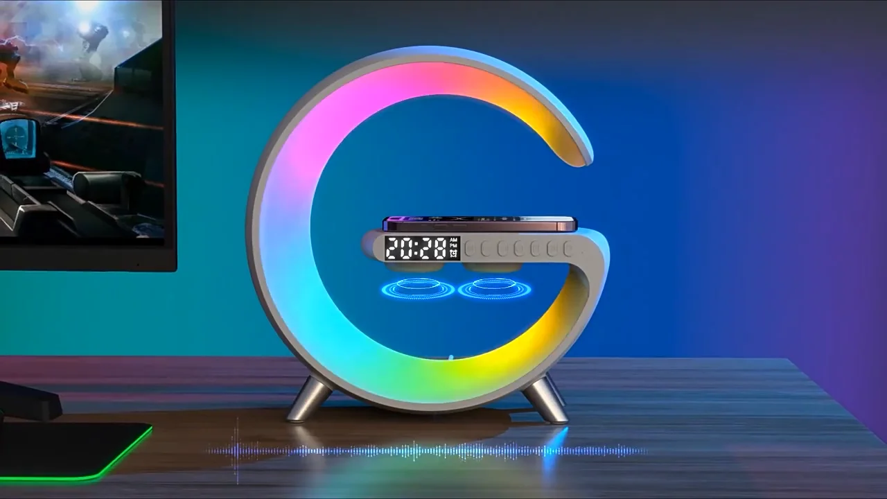 Qi 15w G Shaped Wireless Charger Led Lamp With Bt Speaker Alarm Clock ...