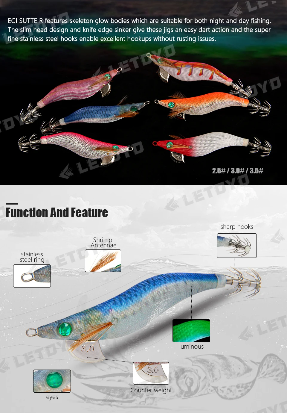 Letoyo Squid Jigs 2.5# 3.0# 3.5# Squid Lure Artificial Shrimps With Squid Hook Jigging Baits For ...