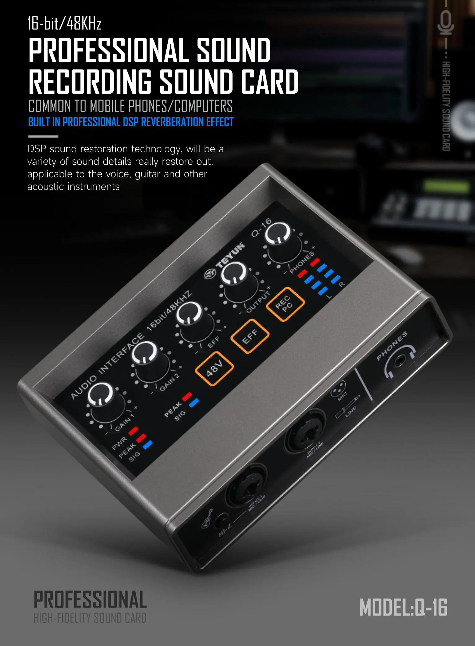 Q16 Professional Audio Interface Supporting to Work With 48V Microphone ...