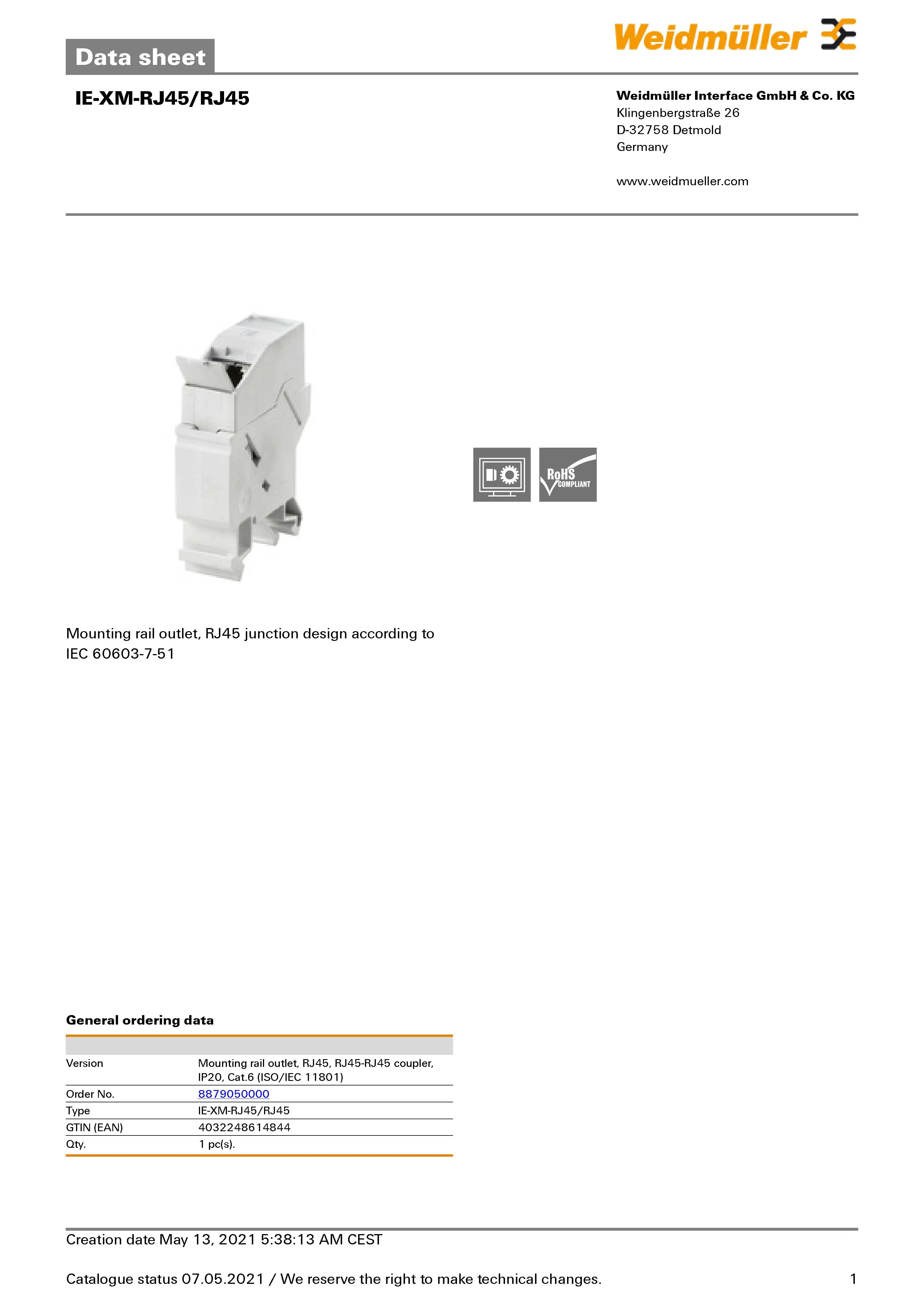 Weidmuller 8879050000 IE-XM-RJ45/RJ45 Mounting rail outlet RJ45 RJ45 ...