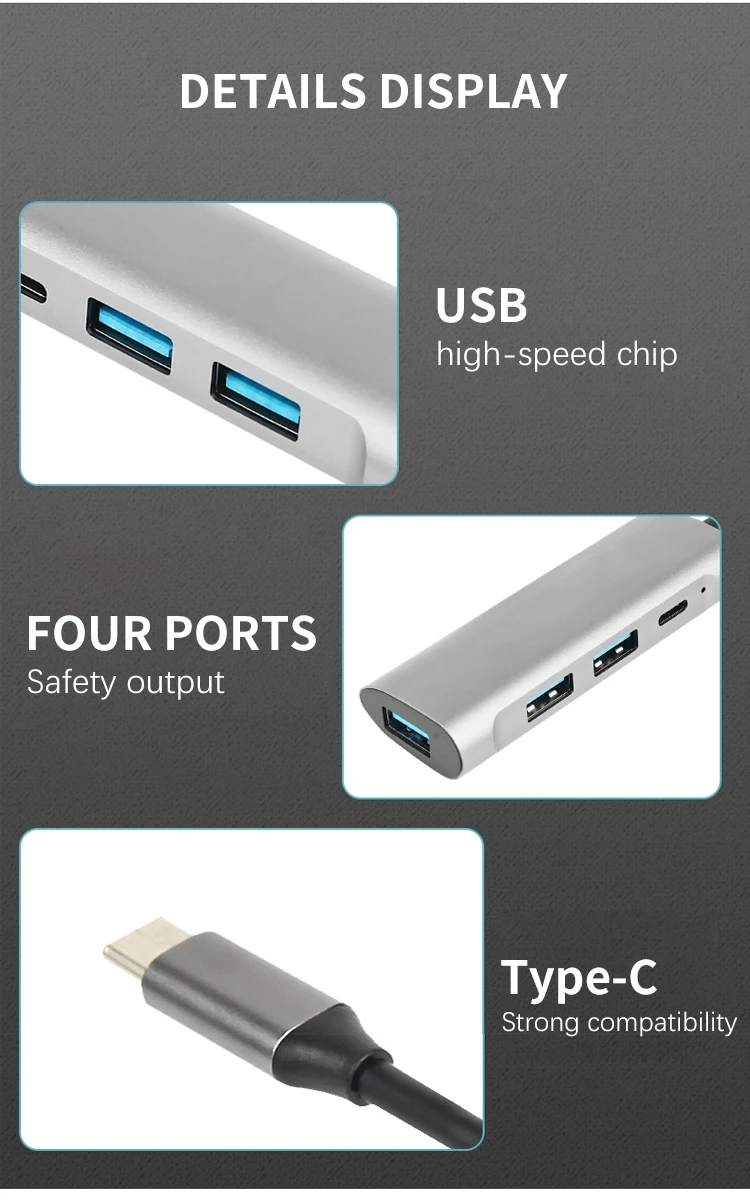 Usb 3.0 Hub 4 In 1 Usb Type C Splitter Aluminum Usb C 100w Pd Fast ...