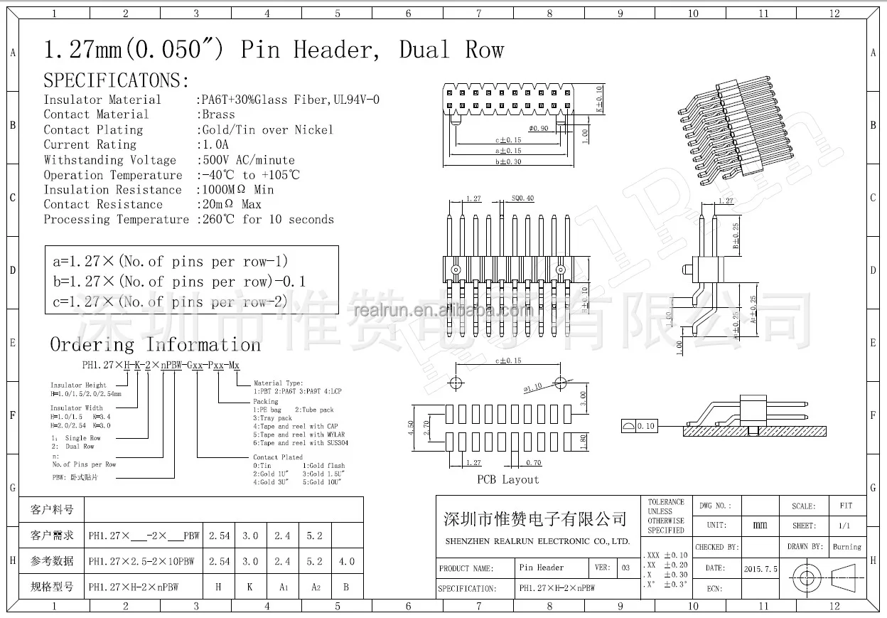 RealRun Male SMT Pin Header Connector 10-Pin Pitch 1.27mm for PCB 1A ...