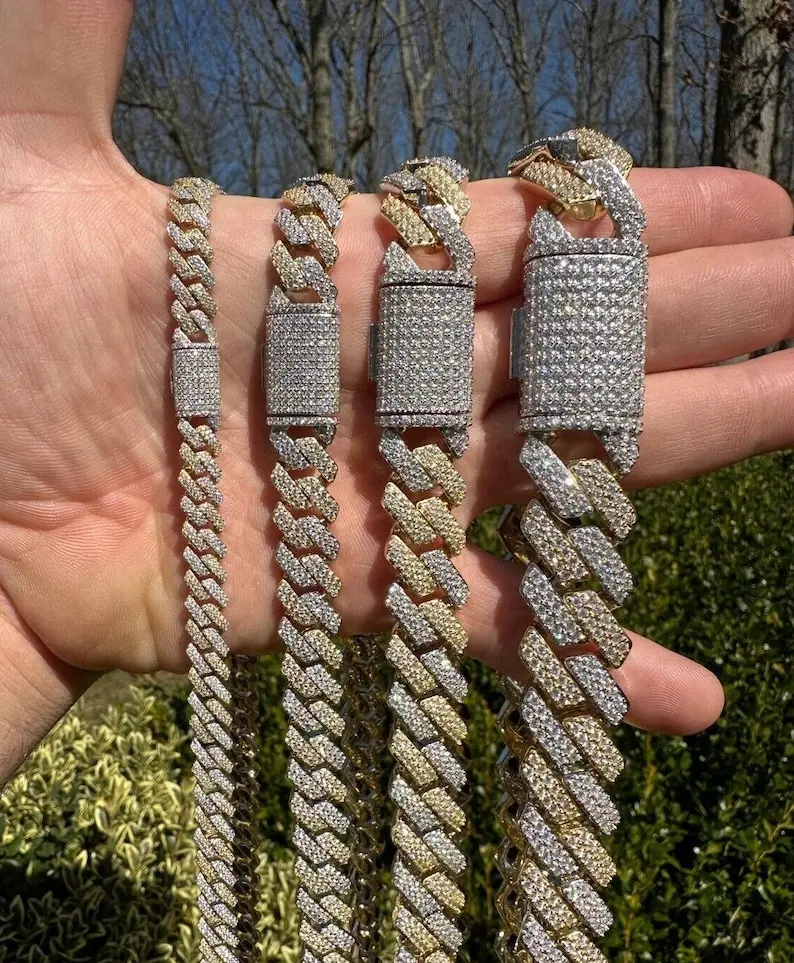 Moissanite Prong Miami Link Chain Necklace Two Tone 14k Yellow Gold ...