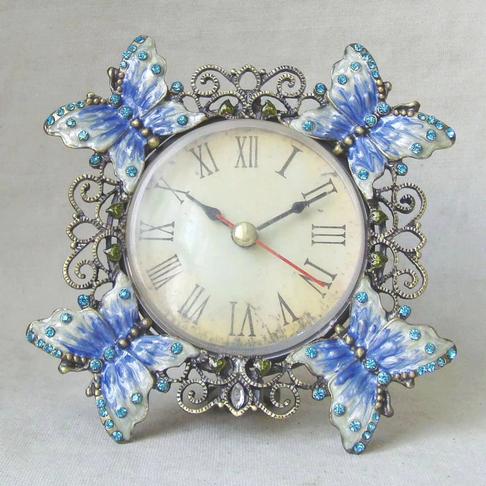 Antique Brass Blue Jeweled Butterfly Metal Zinc Alloy Table Clock - Buy ...