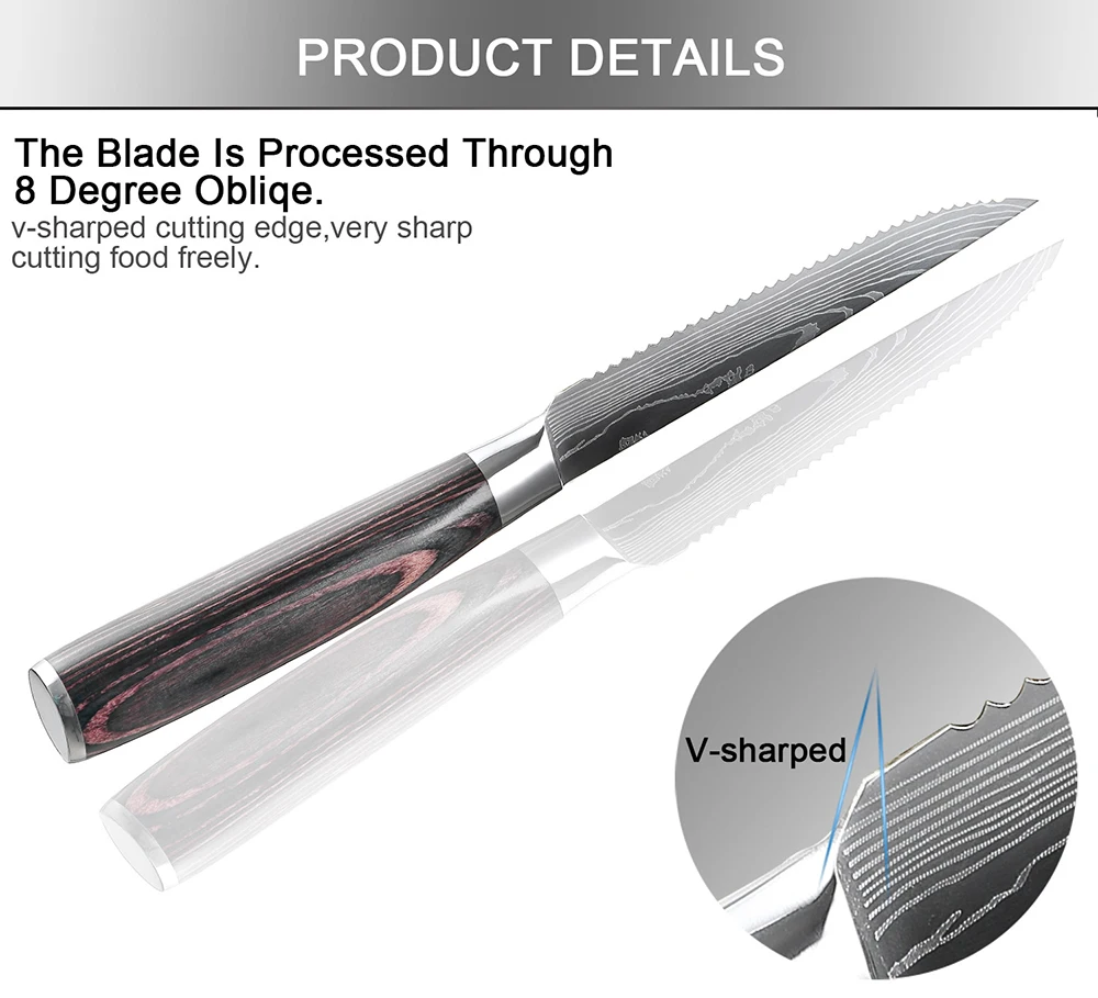 High Quality Steak Knife Damascus Pattern Stainless Steel Serrated Meat ...