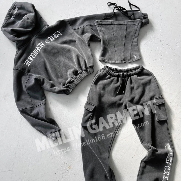 Black 3 Piece Suits Distressed Embroidery Acid Wash Cropped Hoodies ...