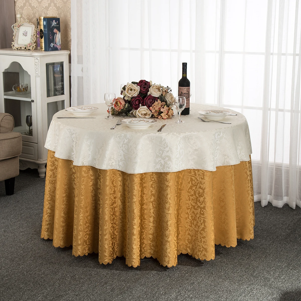132 Inch Custom Circle Dinner Table Cover Embossed Technics Polyester ...