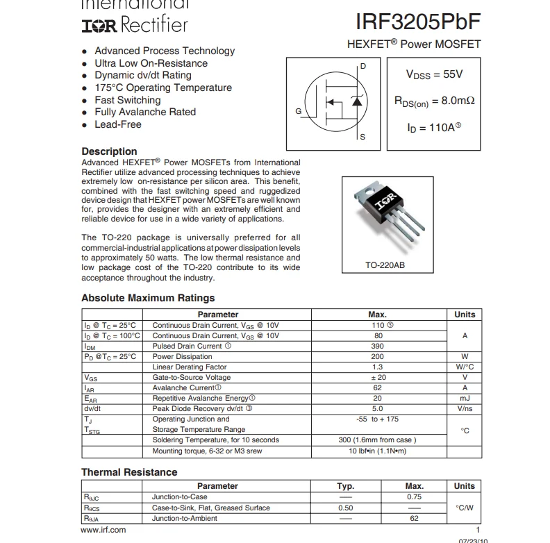 E-era Irf3205 Irf3205pbf 55v 110a 200w To-220 Inverter Chip Mosfet ...