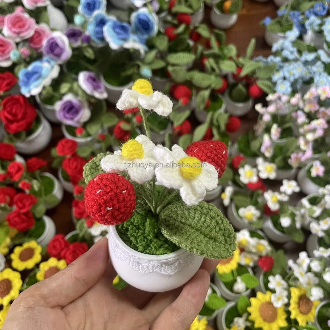 Finished Artificial Crochet Flowers Pot Knit Flower Pot for Home Car ...