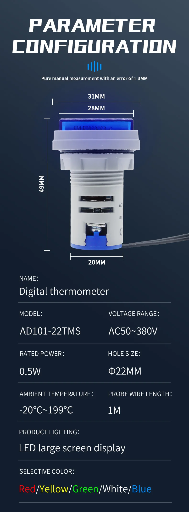 Square AC Temperature Indicator Light Measuring Liquid and Air ...