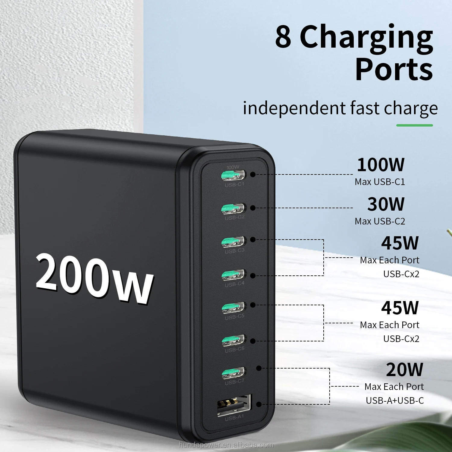 8 Port USB C Fast Charger - 200W Gan Desktop Charger