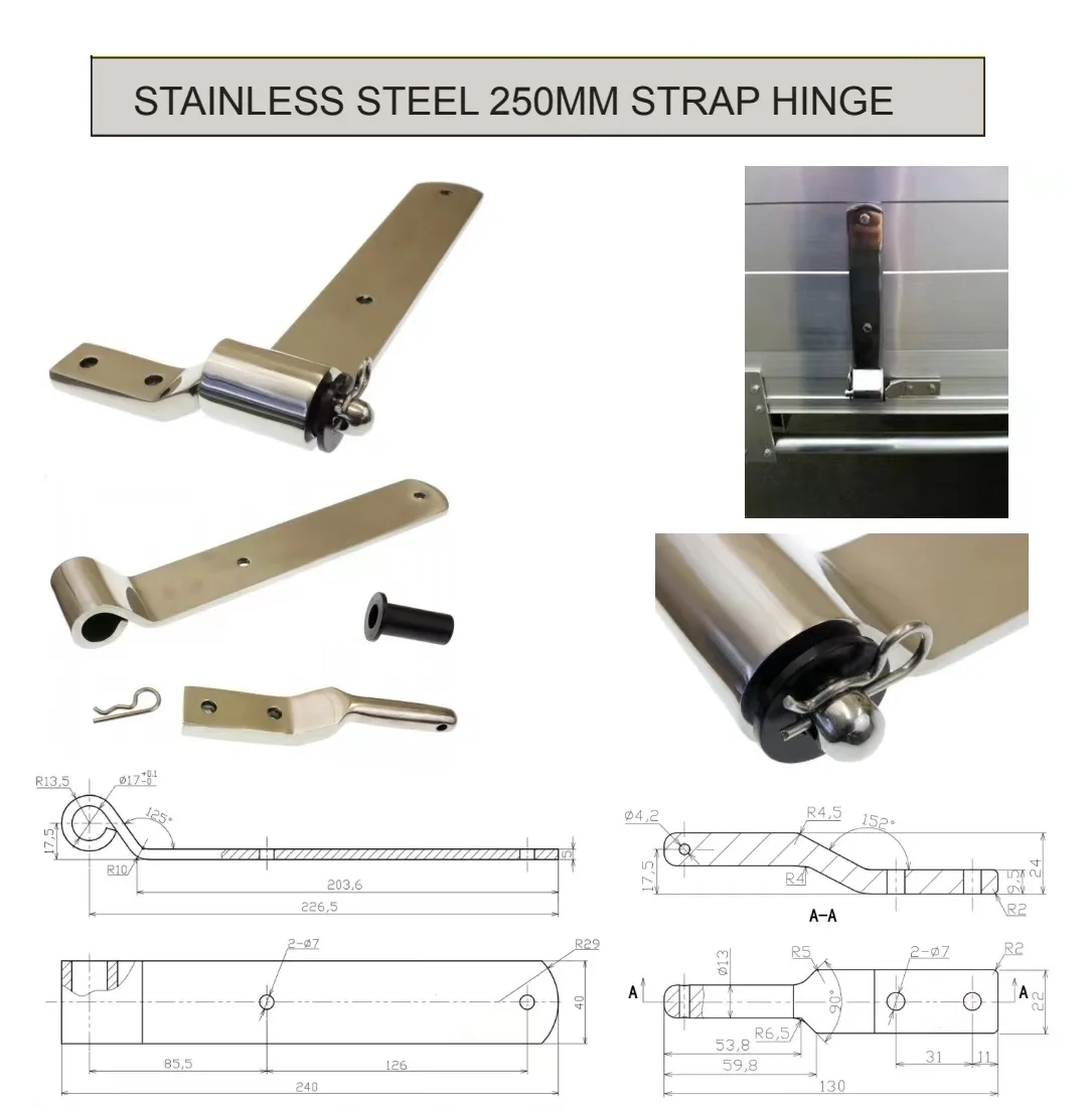 240mm Stainless Steel Tray Side Board Hinge (Strap Gudgeon Nylon Bush ...