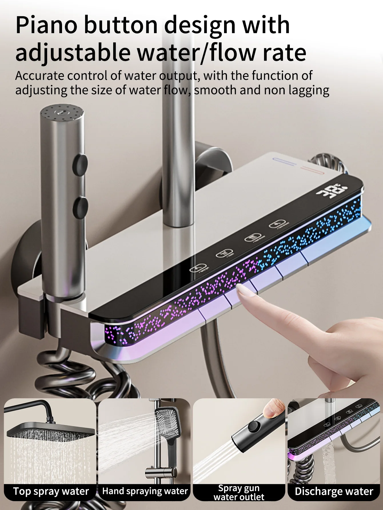 Luxury LED Piano Shower Set with Temperature Display Rain and Waterfall ...