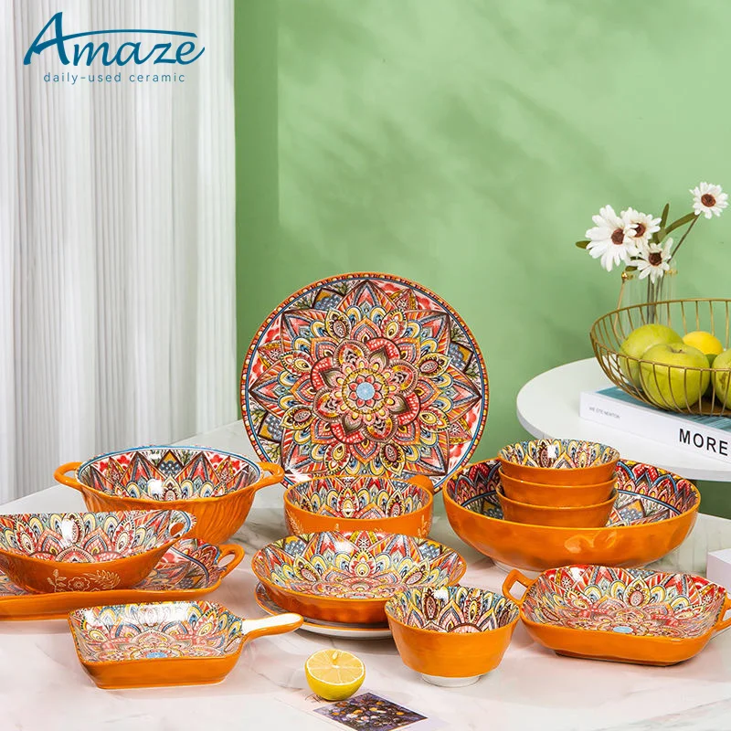 Bohemian Style Fancy Pratos Stoneware Dinner Set Colorful Ceramic ...