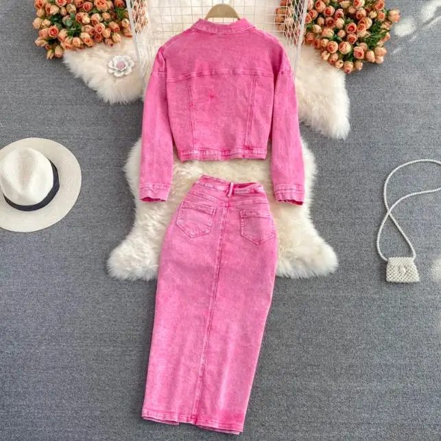 Pink Denim Jacket Women's High Waist Hip Skirt Two-Piece Suit Spring ...