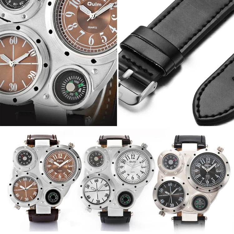 Oulm 9415 Double Time Zone Men’s Belt Watch - Big Dial Compass Quartz Watch