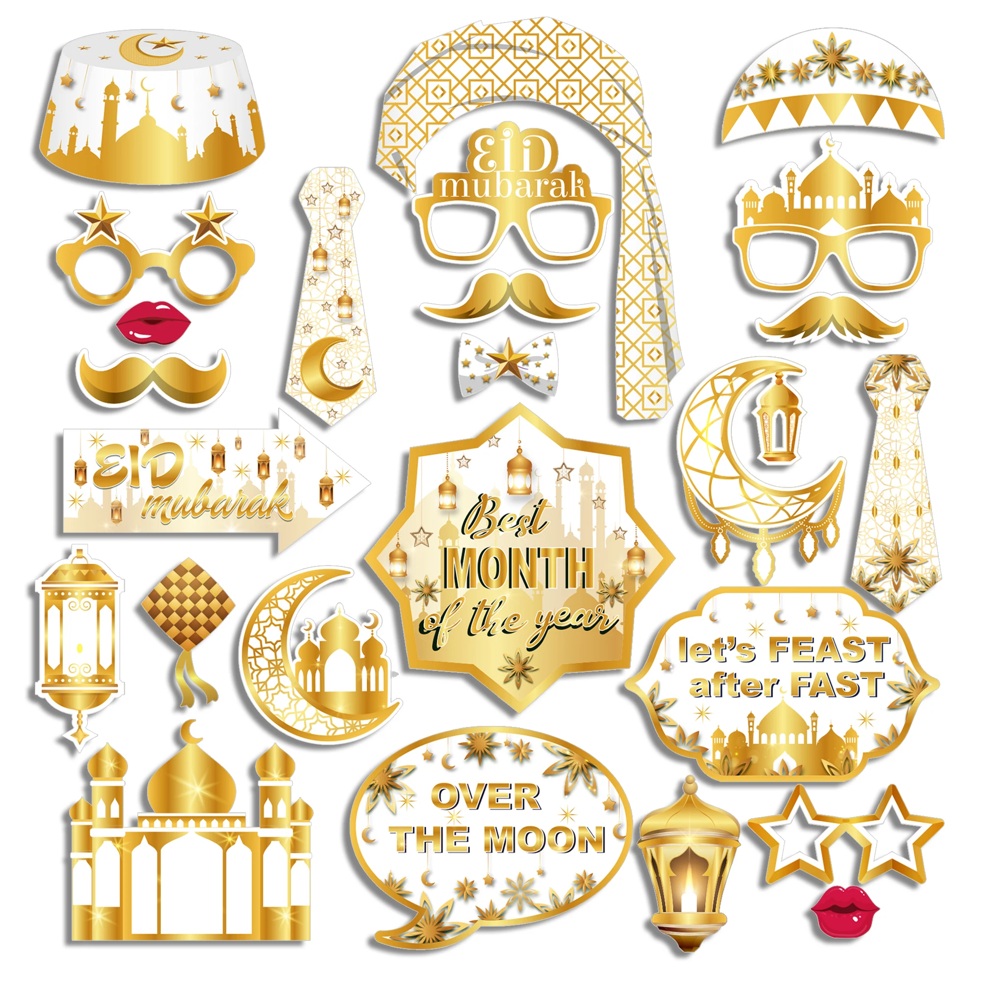 Pz279 Eid Mubarak Photo Booth Props White Gold Photo Props With Sticks ...