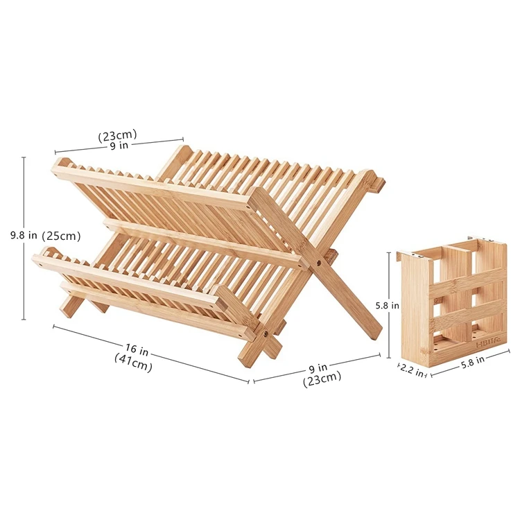 Bamboo Collapsible Folding Plate Rack 2-tier Rack With Utensil For ...