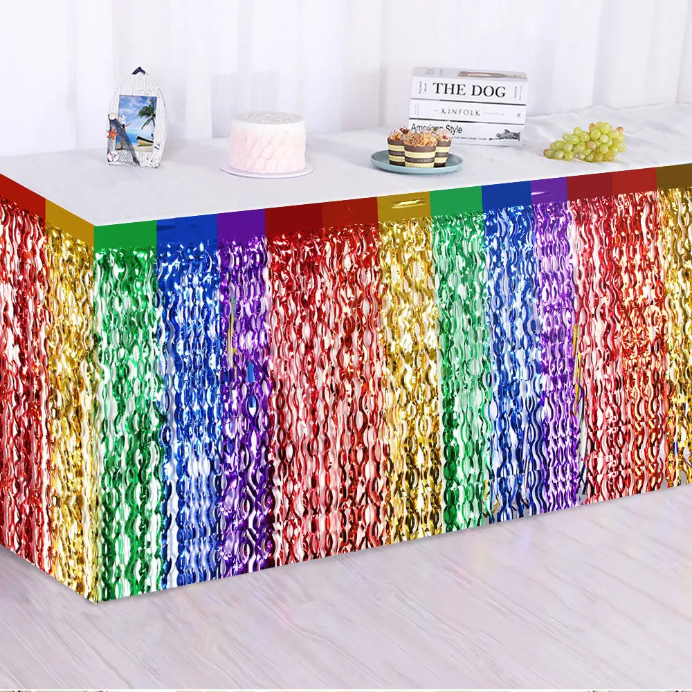 110" X 30" LGBT Rainbow Metallic Foil Fringe Tinsel Tulle Table Skirts ...
