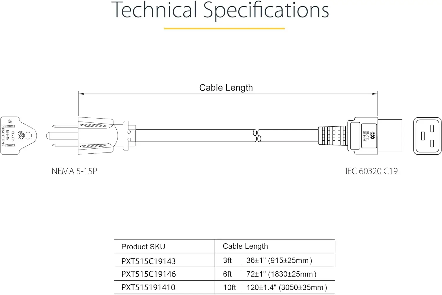 North American Power Cord Extension, NEMA 5-15P to C19, 14 AWG, 15A ...