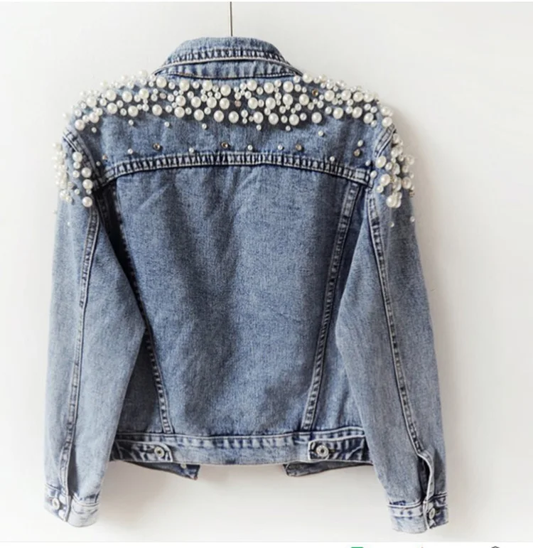 Popular Women's Wear Custom Rhinestone Pearls Jean Coat Casual Jean ...