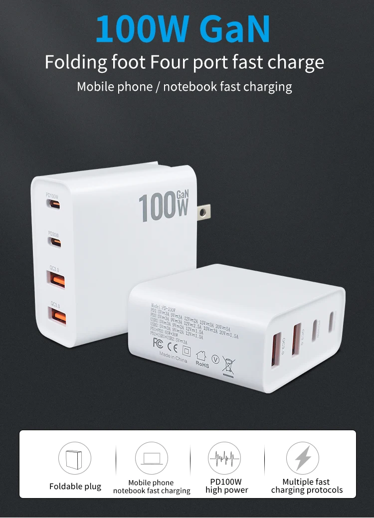 High Power Gan 4 Ports Usb C Pd 100w Usb-a Qc3.0 Gan Fast Charging Wall ...