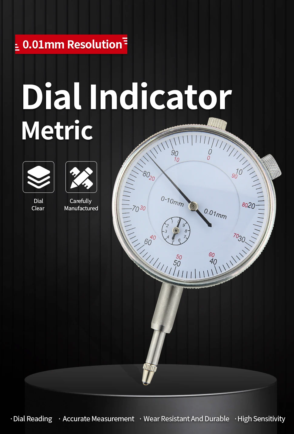 Dial Indicator Gauge 0-10mm Meter Precise 0.01mm Resolution ...
