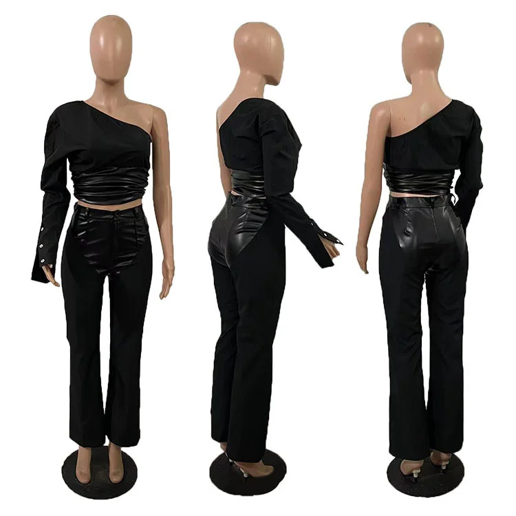 Lady Pu Leather Patchwork Black Two Pieces Set Women One Shoulder