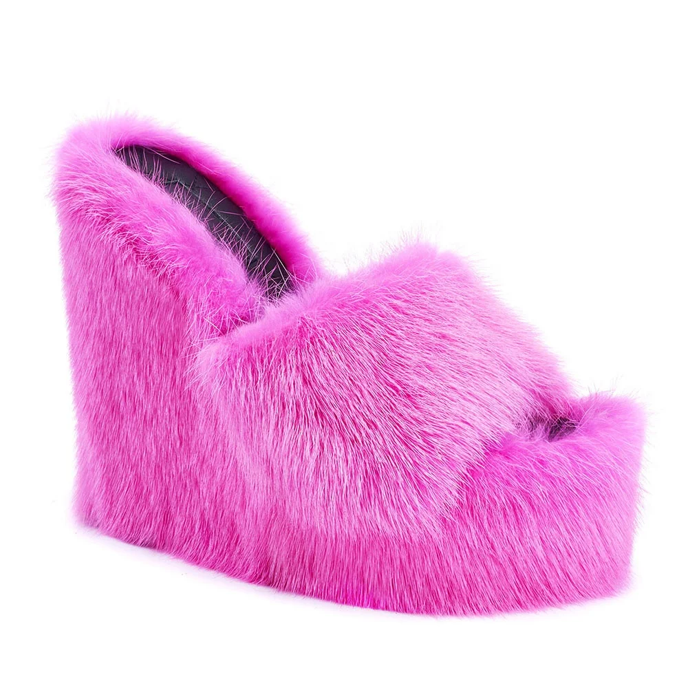 Damen Slip On Open Toe Pelz Panto letten Fluffy High Heels Pink Platform Wedges Sandalen Alibaba