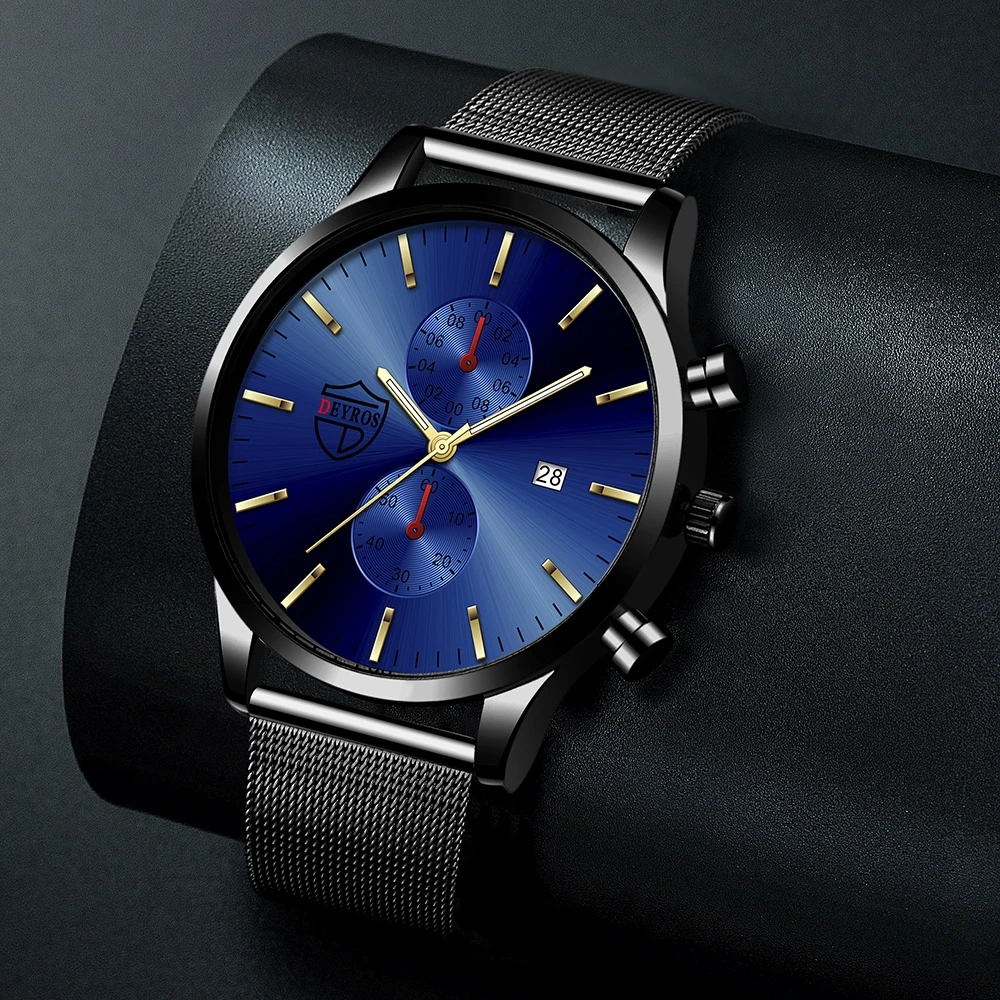 Stainless Steel Mesh Belt Quartz Wrist Watch Men's Set