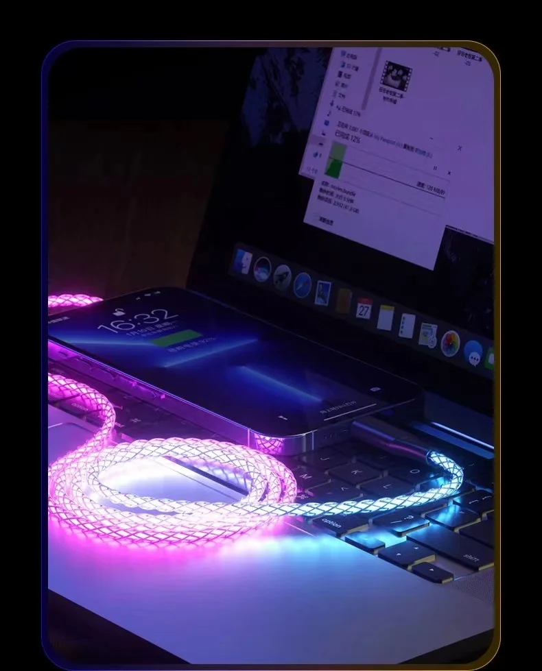 3 In 1 66w 6a Rgb Light Type C Cable Usb Lighting Cable Fast Charging ...
