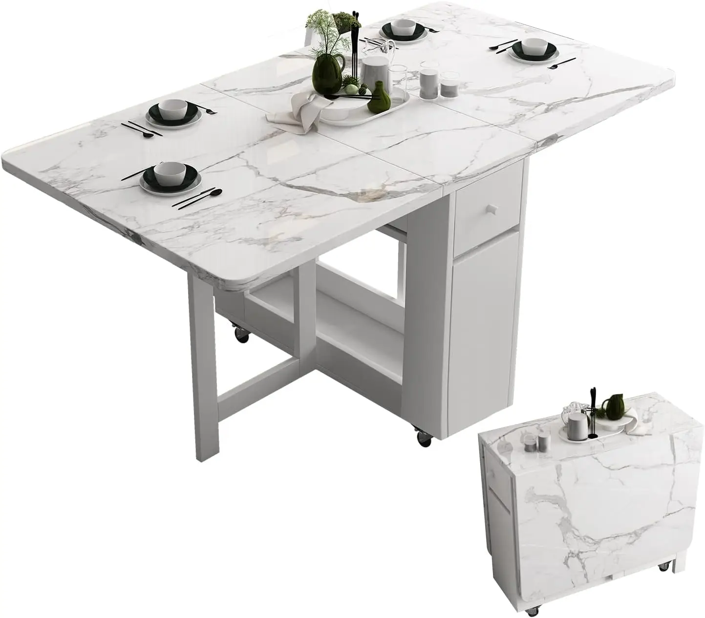Folding White Dining Table - Space-Saving Kitchen Furniture