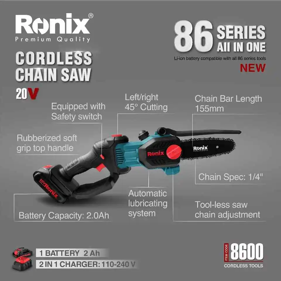 Ronix 8600 20v Lithium-ion Brushless Cordless 2.0ah Chain Saw Kit 150mm ...