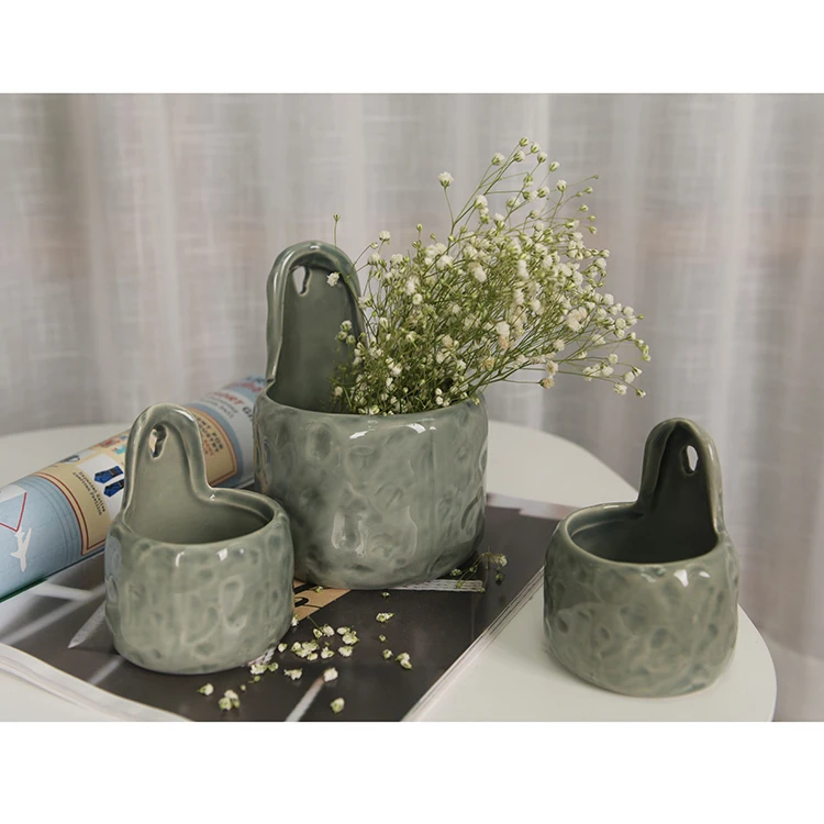 American Style Modern Stoneware Ceramic Texture Flower Pot With Handle ...