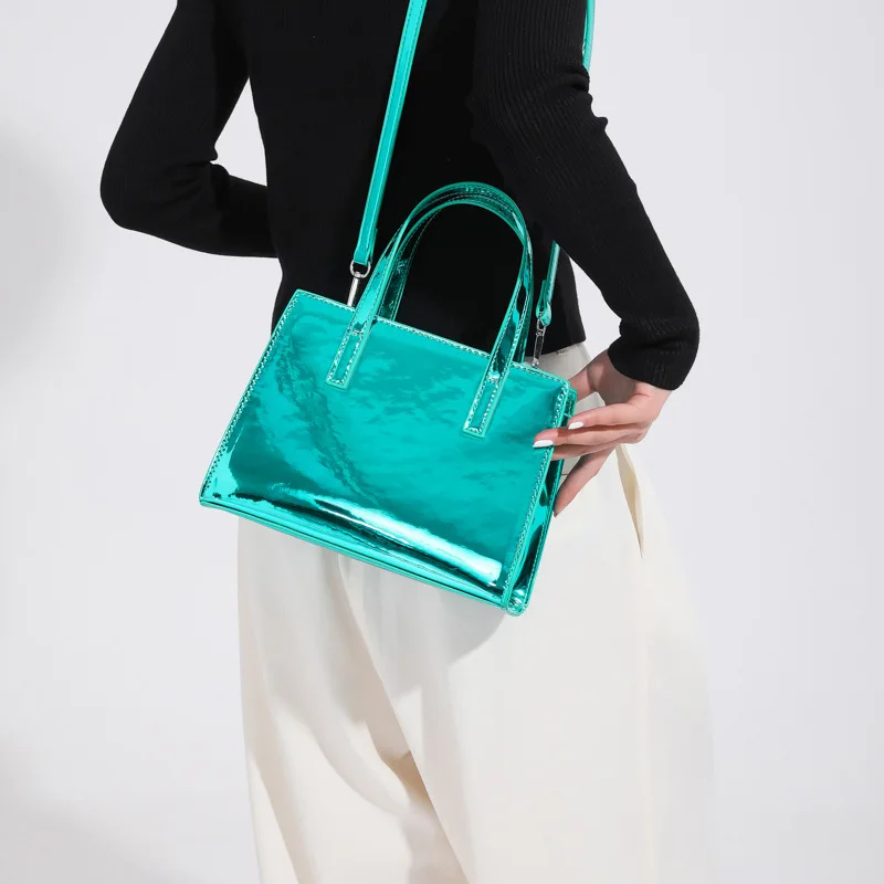 Vegan Leather Metallic Solid Color Tote Bag Female Ladies Famous Brand ...