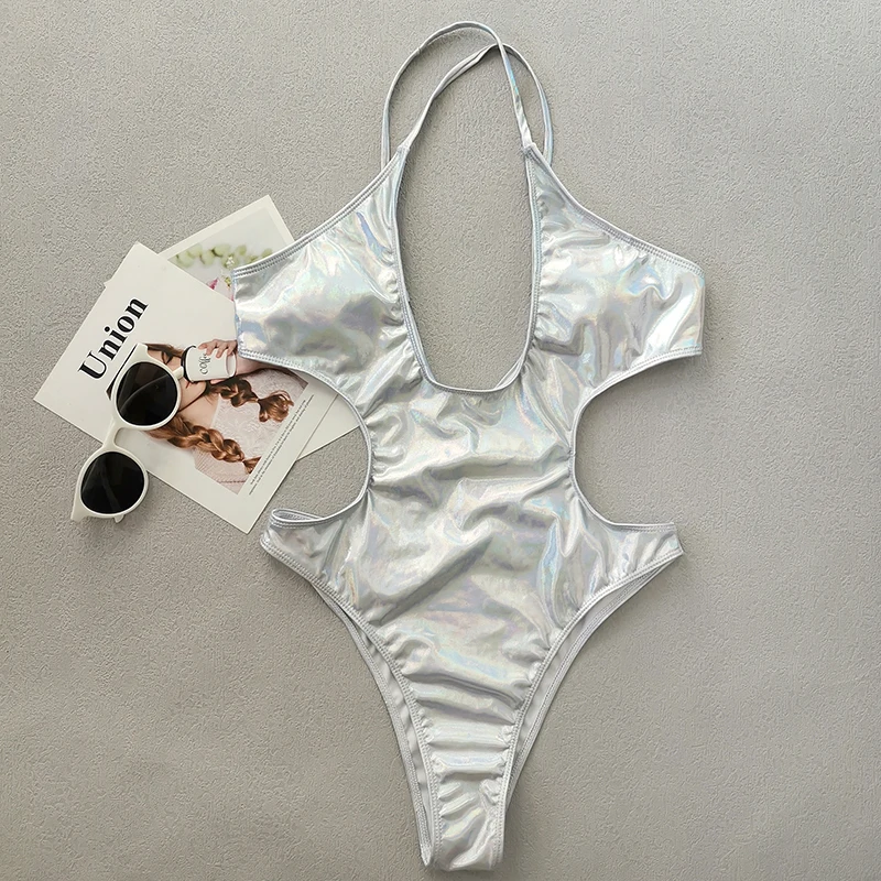 Custom Logo Y2K Shiny Silver Metallic Fabric Sexy One Piece Bikini ...