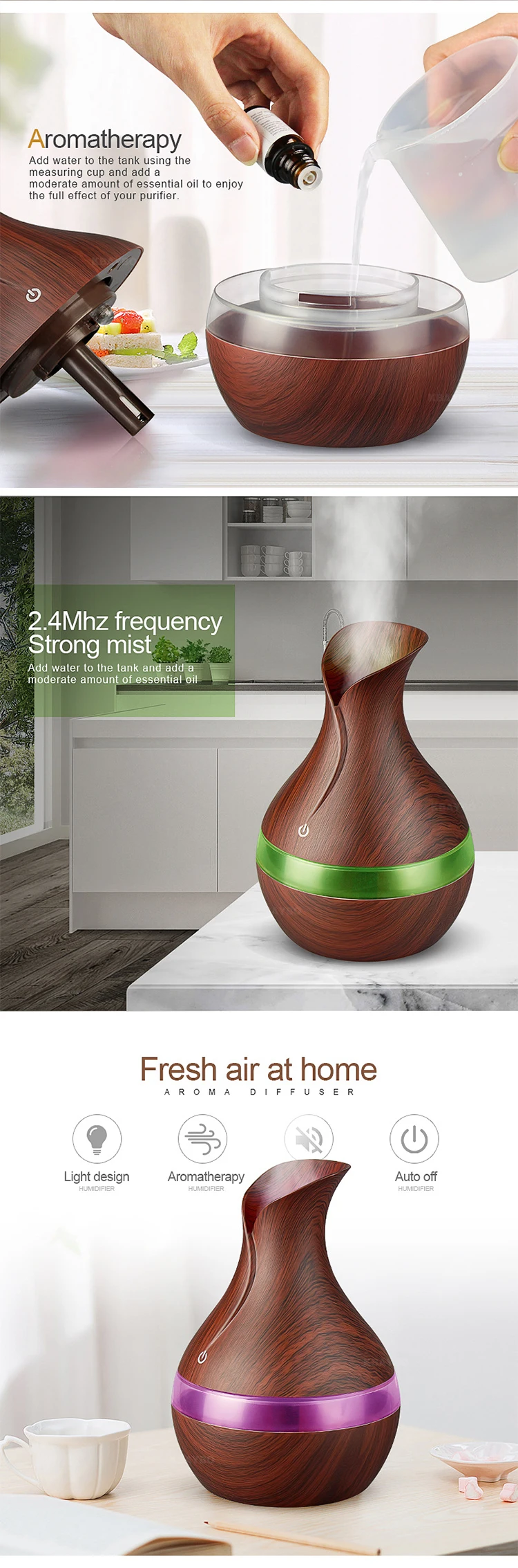 Difusor 300ml Wood Essential Oil Diffuser Essential 7 Colors Led Light ...