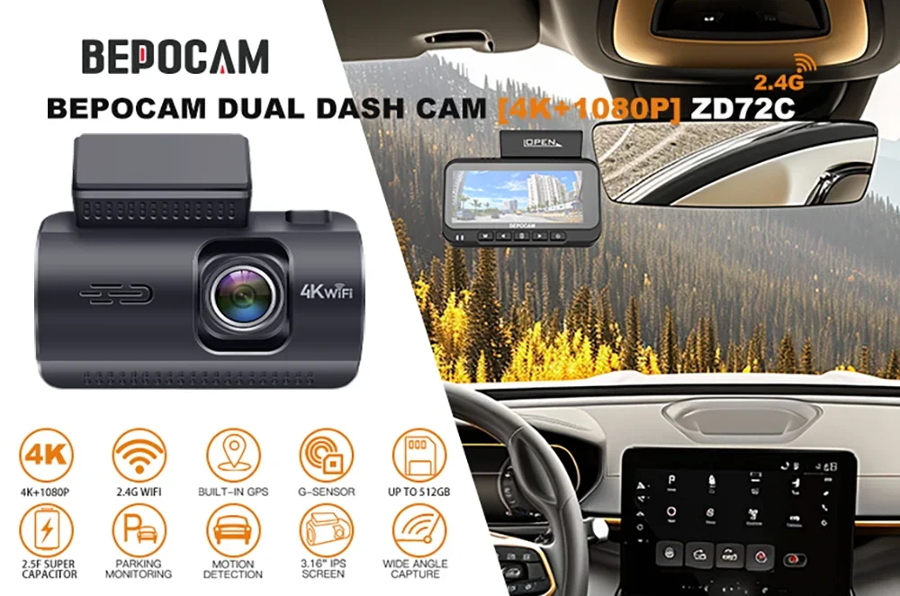 4K+1080P Car DVR Black Box GPS WIFI 2 Channel Dash Cam