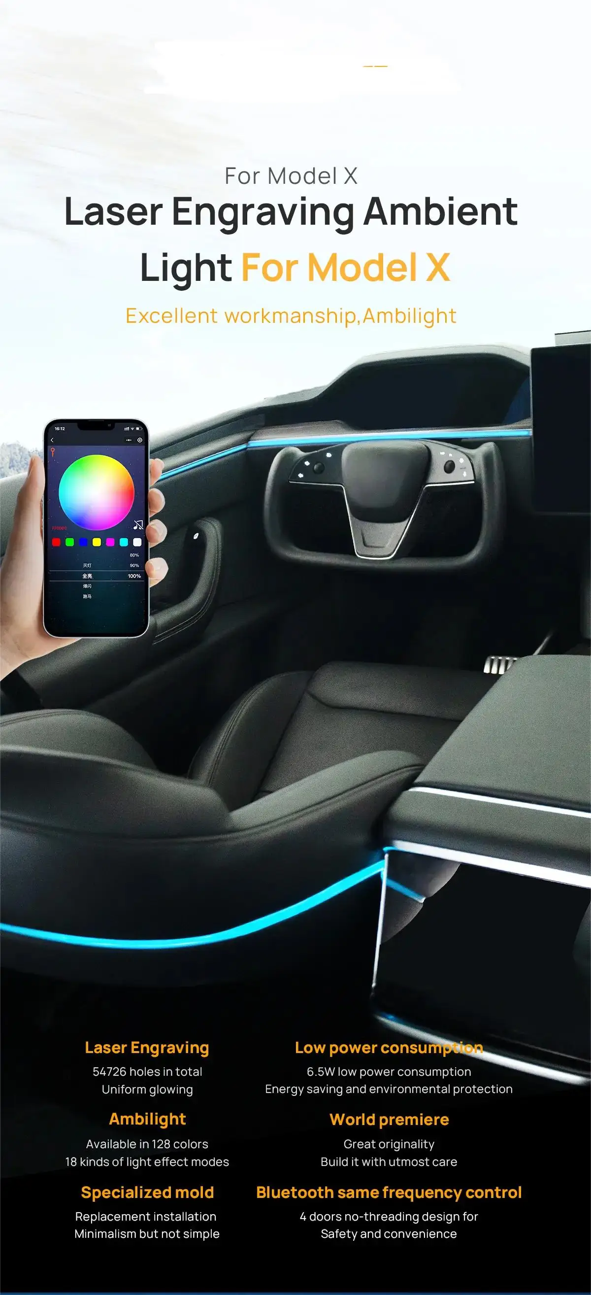 Tesla Model X Ambient Light Laser Carving Rgb 128-colors Tesla Ambient ...